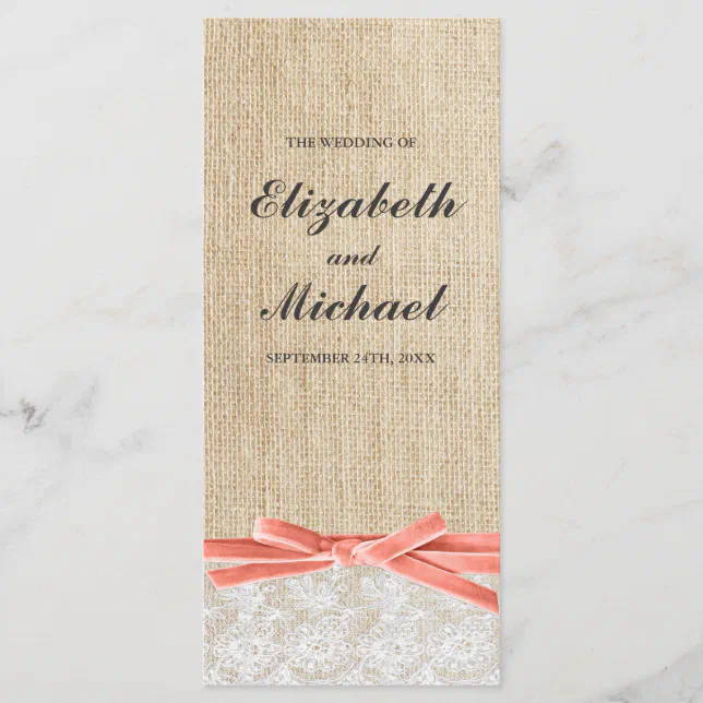 Rustic Burlap Lace Coral Ribbon Wedding Program | Zazzle