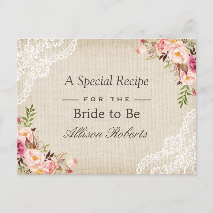 Rustic Burlap Lace Floral Bride To Be Recipe Card | Zazzle