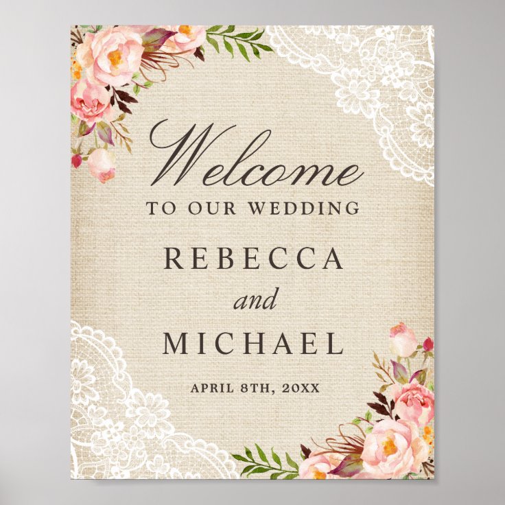 Rustic Burlap Lace Floral Wedding Welcome Sign | Zazzle