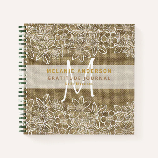 Rustic Burlap Lace Gratitude Thankfulness Journal | Zazzle