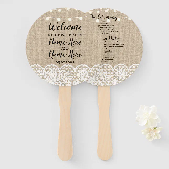 Rustic Burlap Lace Lights Wedding Programme Fan | Zazzle