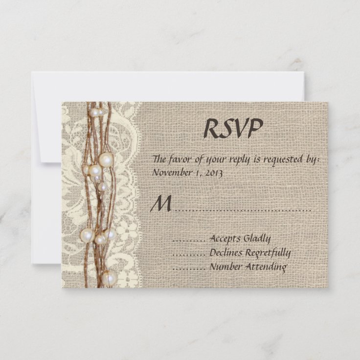 Rustic Burlap Lace Pearls Wedding Invitation | Zazzle