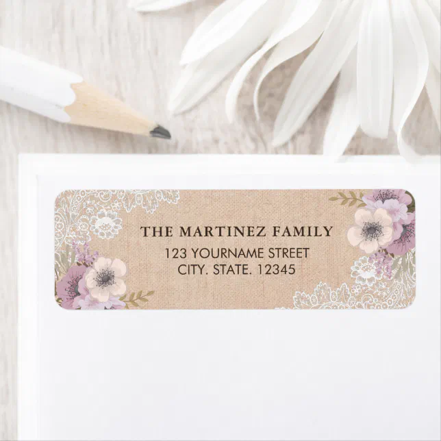 Rustic Burlap Lace Pink Floral Label | Zazzle