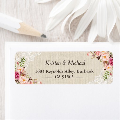 Rustic Burlap Lace Pink Floral Label | Zazzle