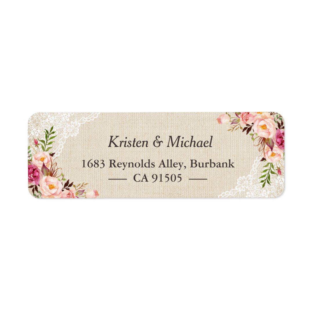 Rustic Burlap Lace Pink Floral Label | Zazzle