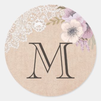 Rustic Burlap Lace Pink Floral Monogram Classic Round Sticker | Zazzle