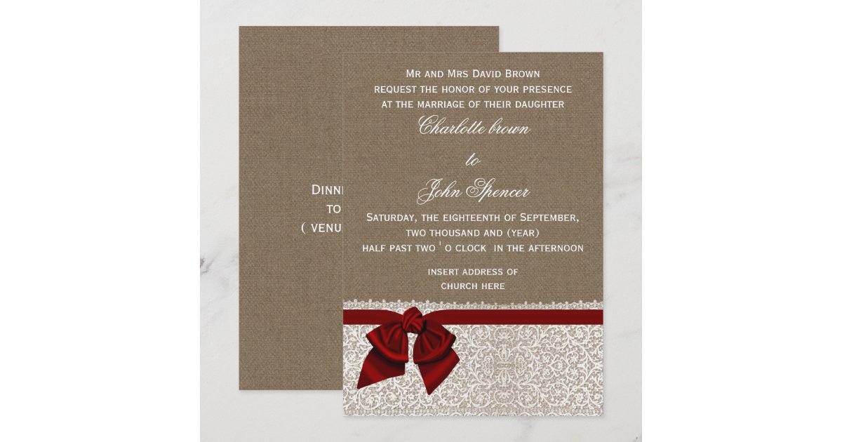 Rustic burlap lace Red Wedding Invitation | Zazzle