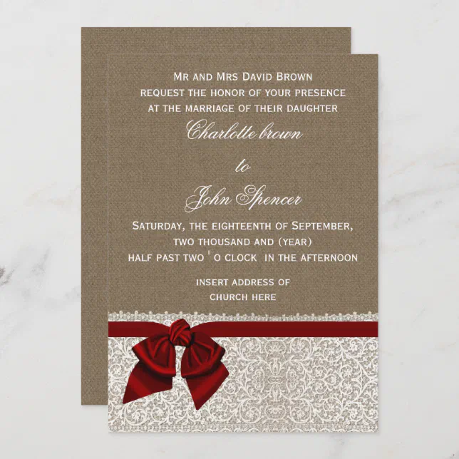 Rustic burlap lace Red Wedding Invitation | Zazzle