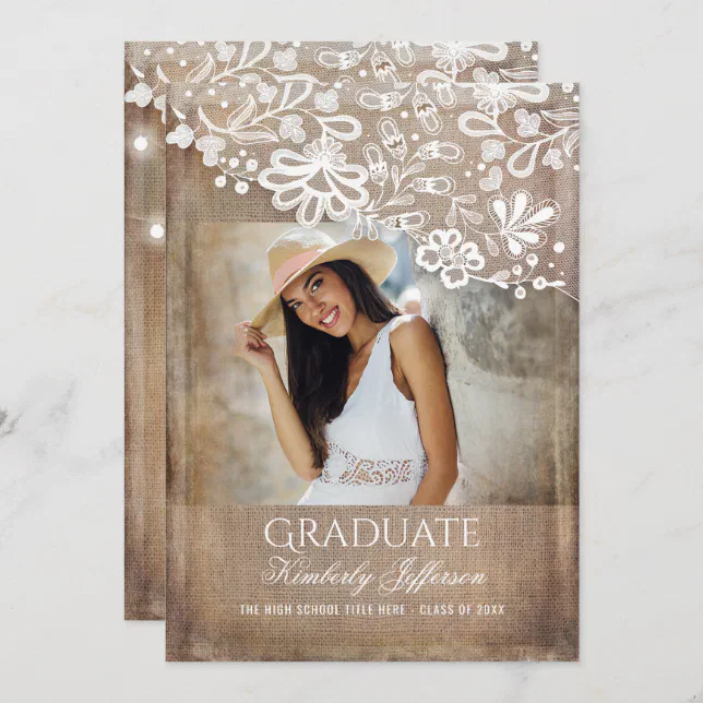 Rustic Burlap Lace String Lights Photo Graduation Invitation | Zazzle