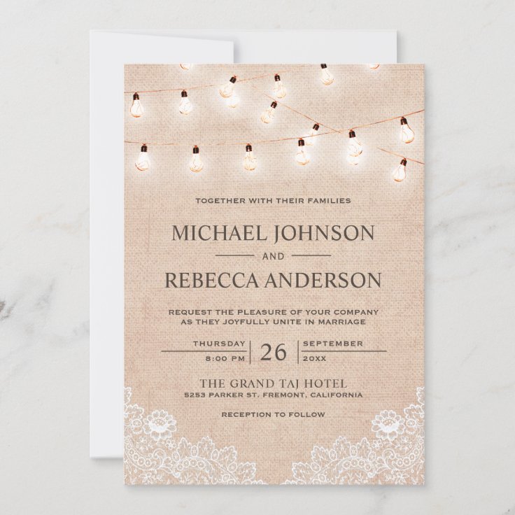 Rustic Burlap Lace String Lights Photo Wedding Invitation | Zazzle
