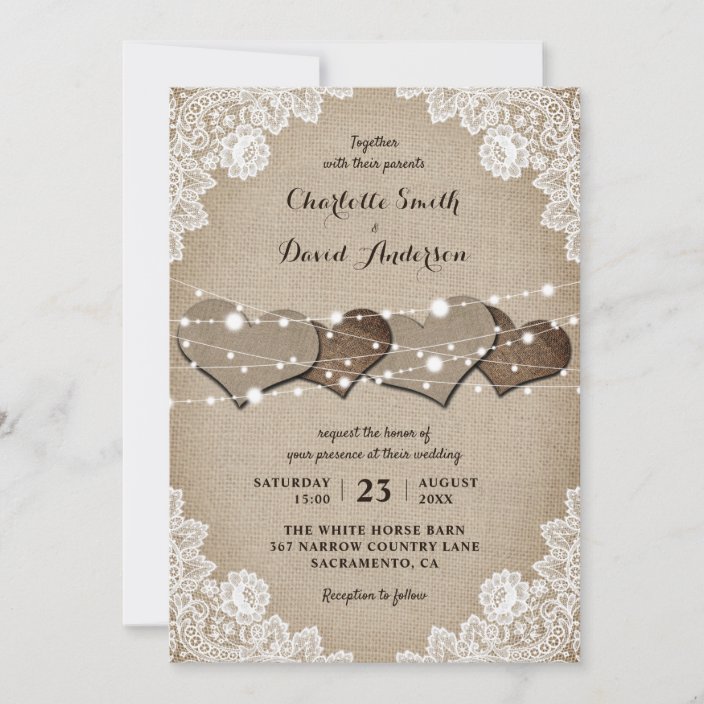 Rustic Burlap Lace String Lights Wedding Invitation | Zazzle.com