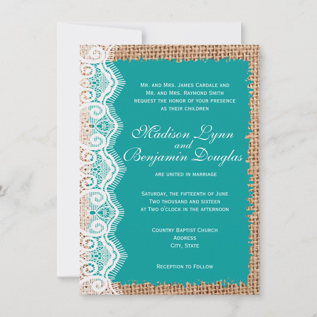 Rustic Burlap Lace Turquoise Wedding Invitations | Zazzle