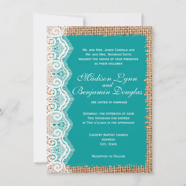 Rustic Burlap Lace Turquoise Wedding Invitations | Zazzle