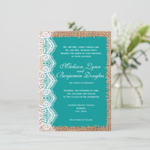 Rustic Burlap Lace Turquoise Wedding Invitations | Zazzle
