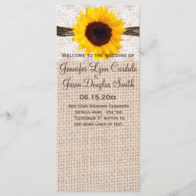 Rustic Burlap Lace Twine Sunflower Wedding Program | Zazzle