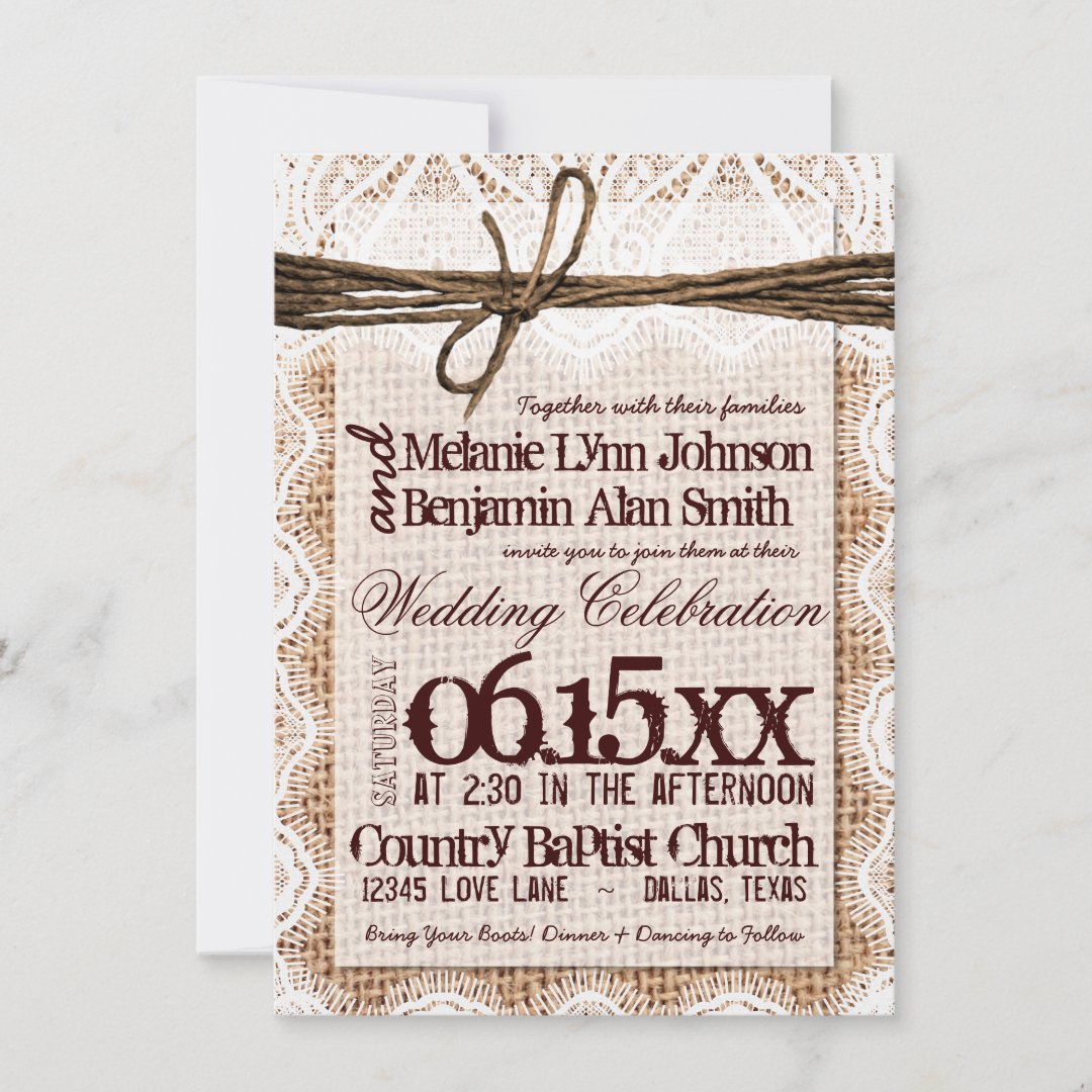 Rustic Burlap Lace Typography Wedding Invitations | Zazzle