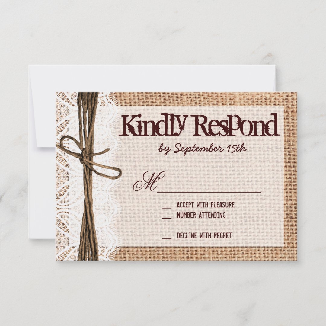 Rustic Burlap Lace Typography Wedding RSVP Cards | Zazzle