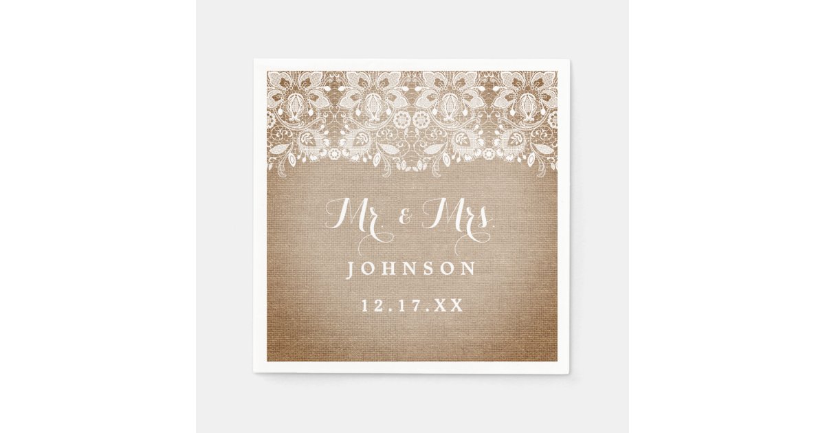Rustic Burlap Lace Wedding Paper Napkins | Zazzle