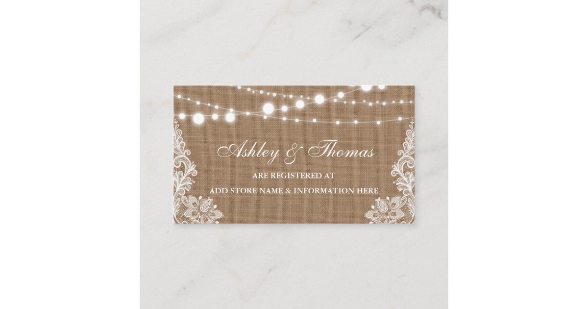 Rustic Burlap Lace Wedding Registry Insert Card | Zazzle