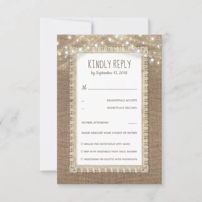 Rustic Burlap Lace Wedding RSVP | Zazzle