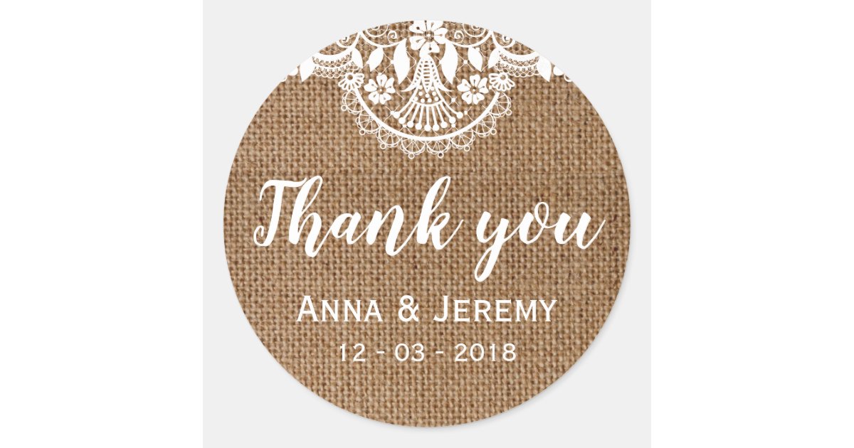 Rustic Burlap Lace Wedding Sticker | Zazzle