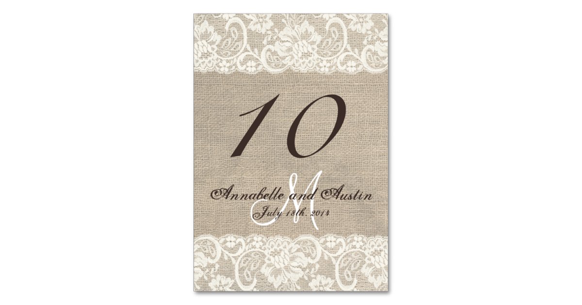 Rustic Burlap Lace Wedding Table Card | Zazzle