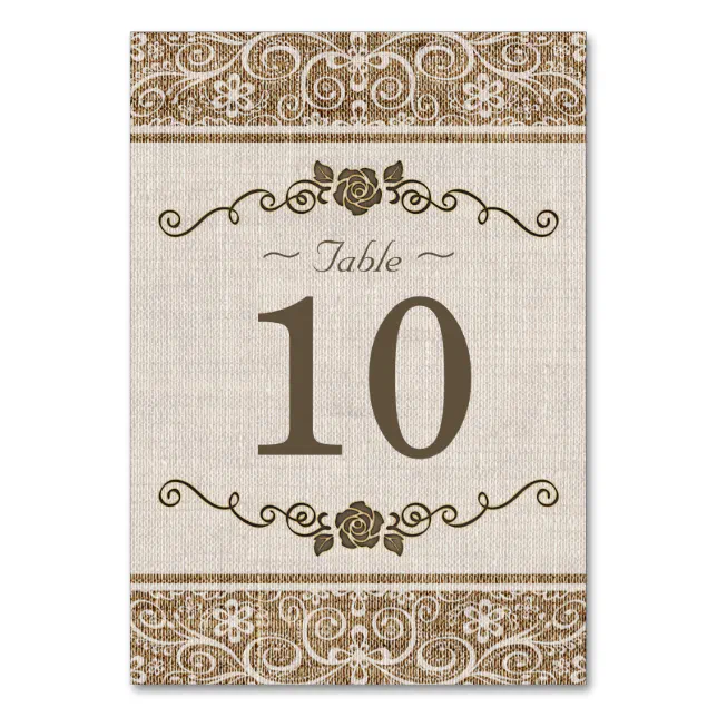 Rustic Burlap Lace - Wedding Table Number Card | Zazzle
