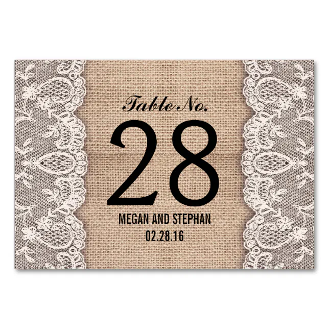 Rustic burlap lace wedding table number cards | Zazzle