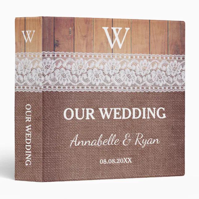 Rustic Burlap Lace & Wood | Our Wedding 3 Ring Binder | Zazzle