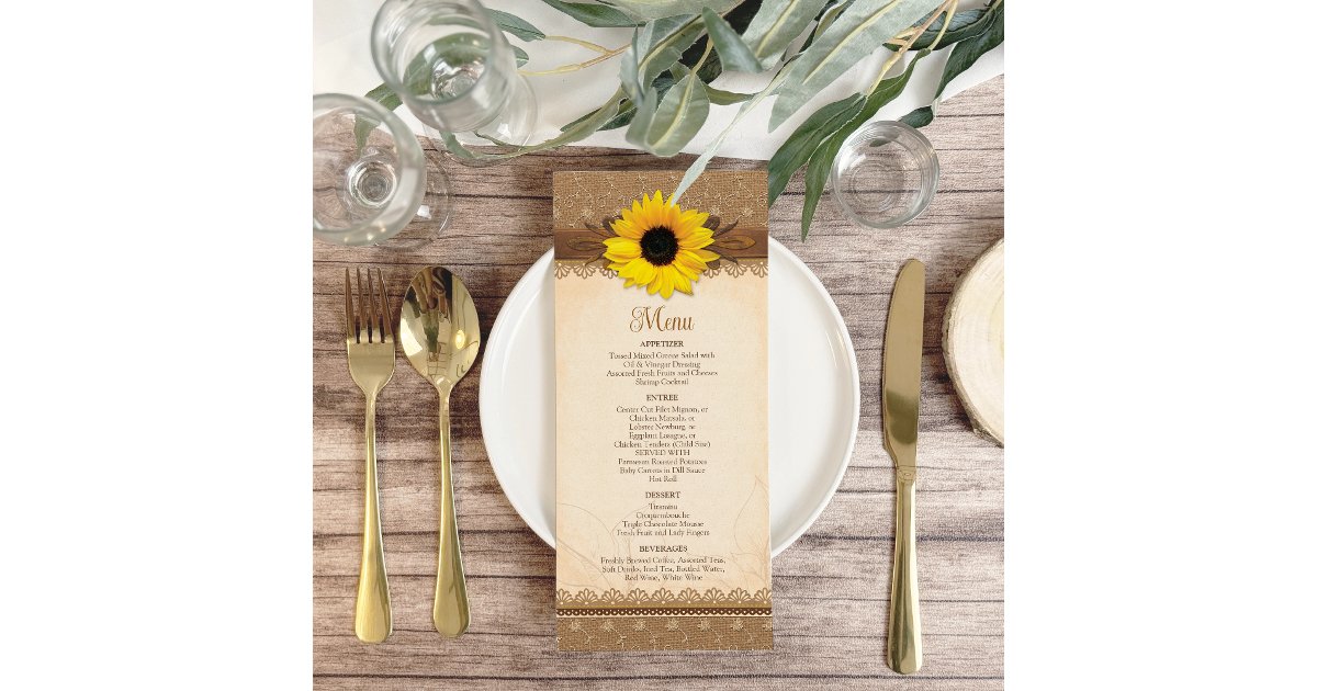 Rustic Burlap Lace Wood Sunflower Wedding Menu | Zazzle