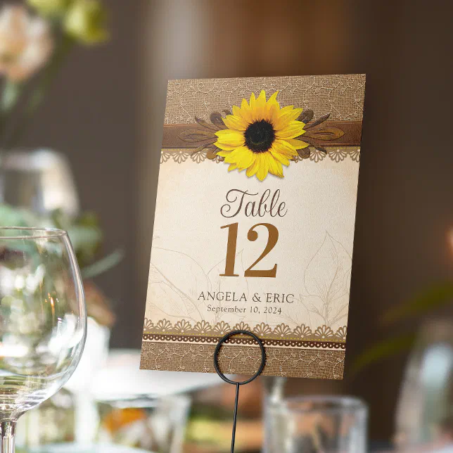 Rustic Burlap Lace Wood Sunflower Wedding Table Number | Zazzle