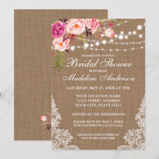 Rustic Burlap Lights Lace Floral Bridal Shower Invitation | Zazzle