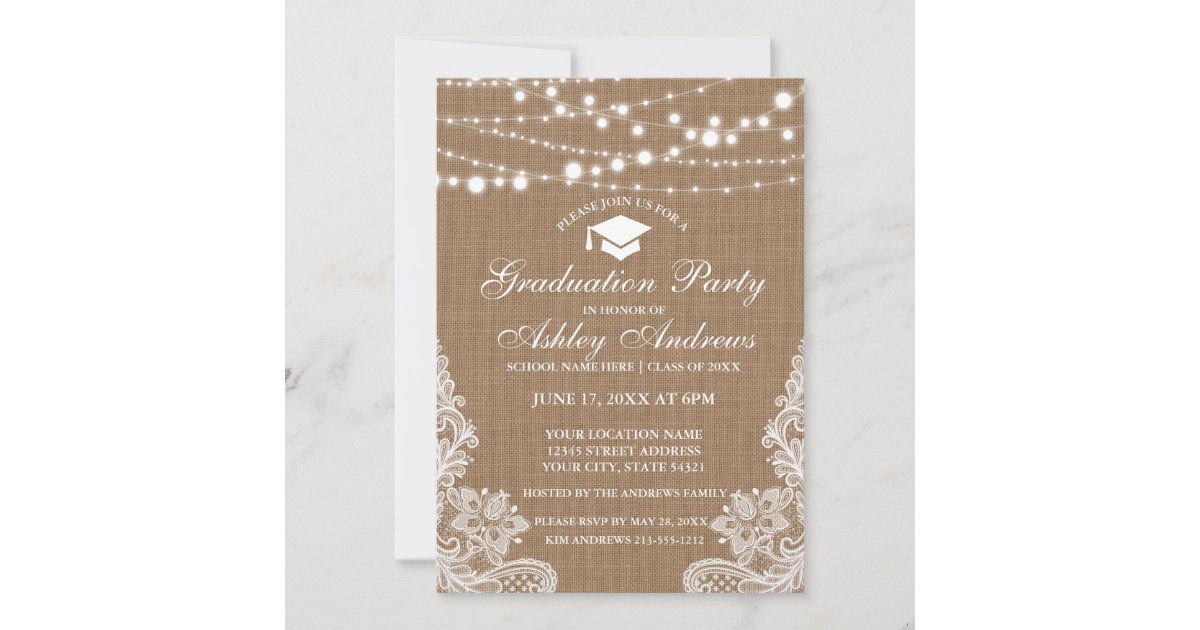 Rustic Burlap Lights Lace Graduation Invitation W | Zazzle