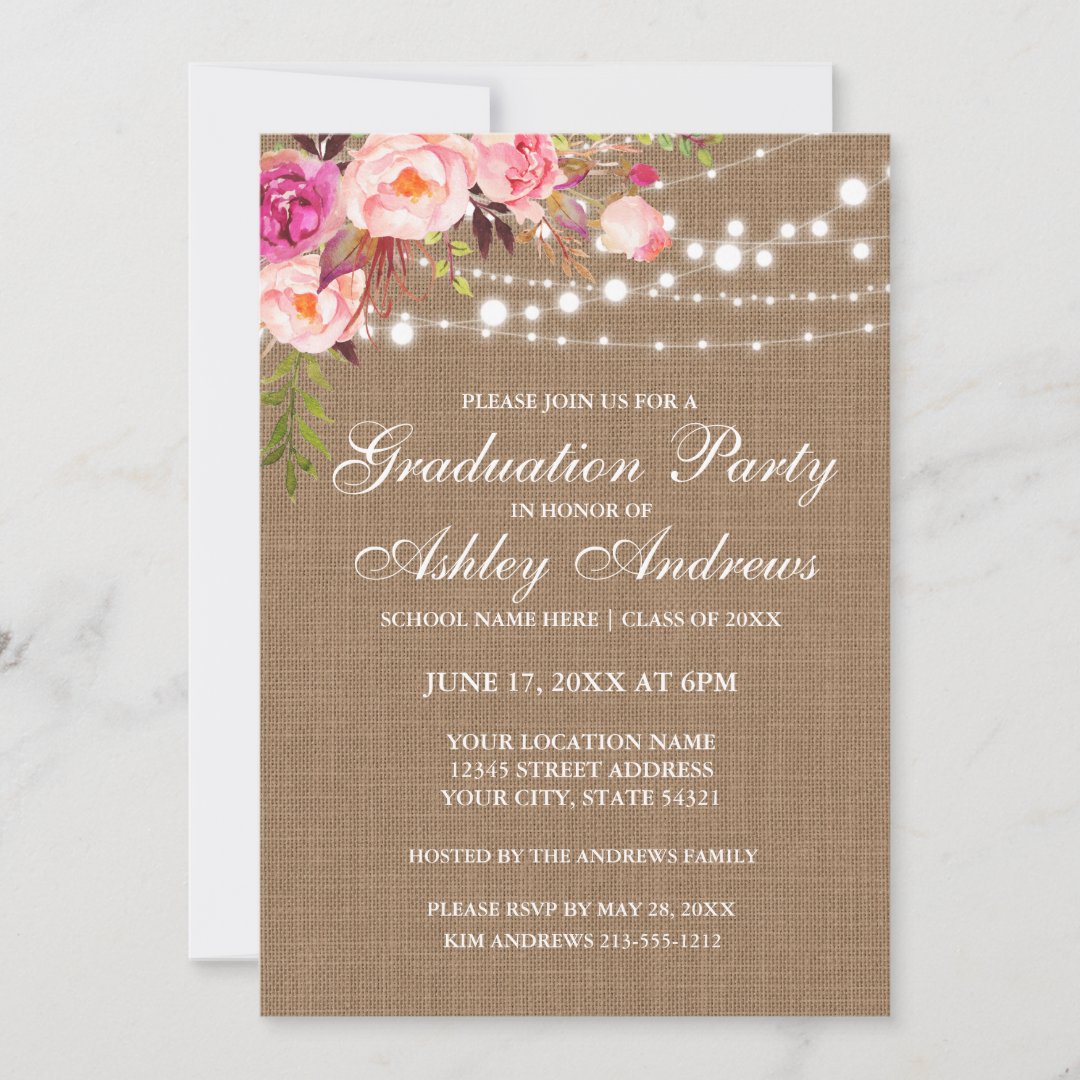 Rustic Burlap Lights Pink Graduation Party Invite | Zazzle