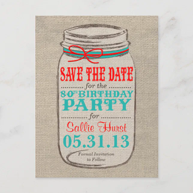 Rustic Burlap & Mason Jar Birthday Invite - Coral | Zazzle