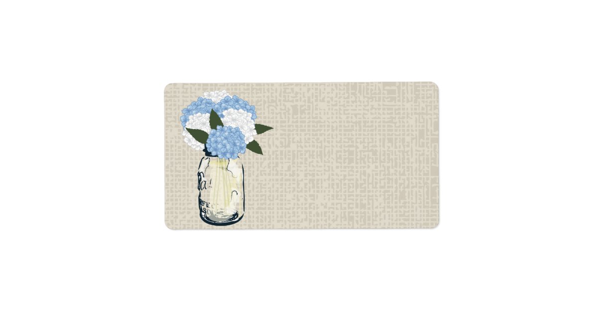 Rustic Burlap Mason Jar Blue Hydrangeas Label | Zazzle