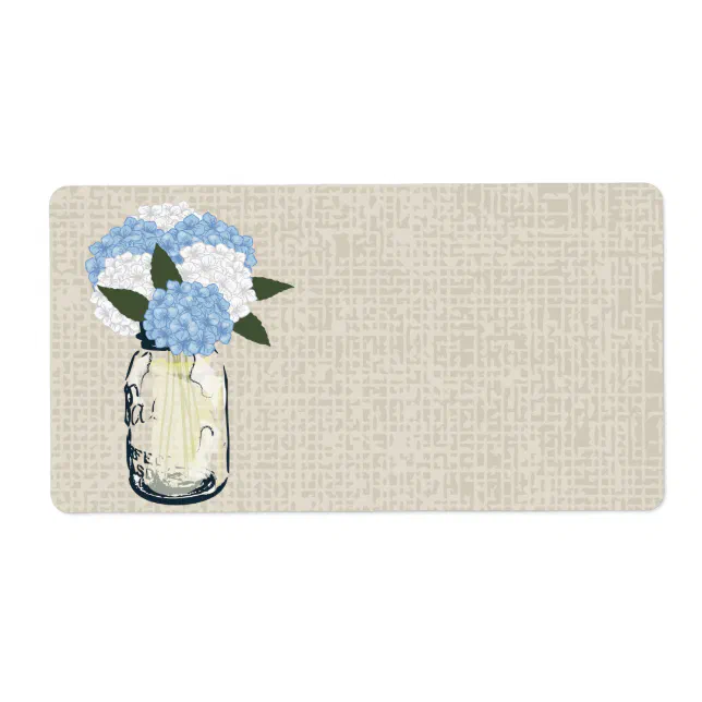 Rustic Burlap Mason Jar Blue Hydrangeas Label | Zazzle