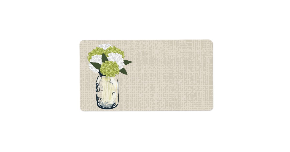 Rustic Burlap Mason Jar Hydrangeas Label | Zazzle