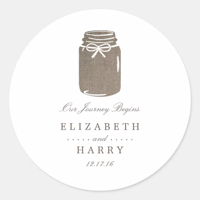 Rustic Burlap Mason Jar Wedding Classic Round Sticker | Zazzle
