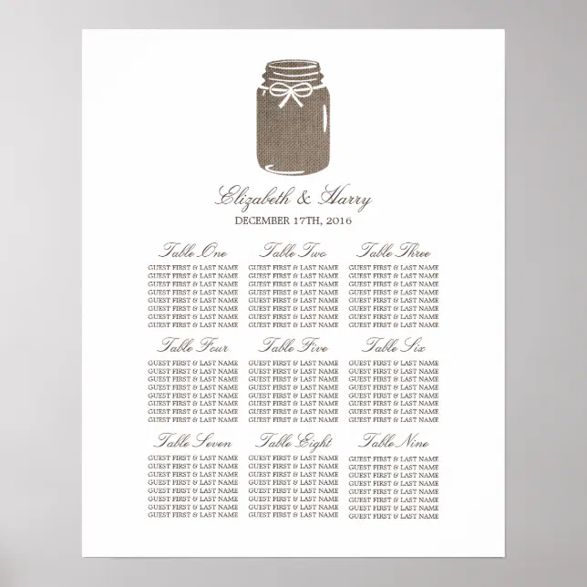 Rustic Burlap Mason Jar Wedding Seating Chart | Zazzle