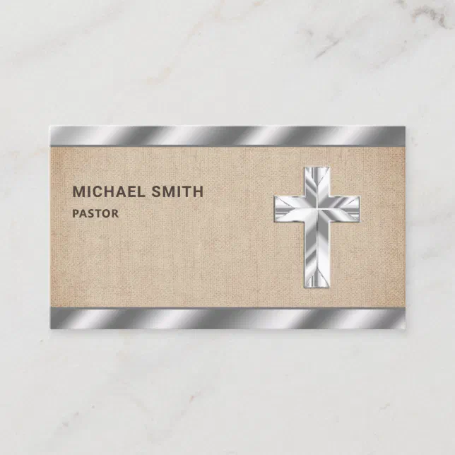 Rustic Burlap Metallic Jesus Christ Cross Pastor Business Card | Zazzle