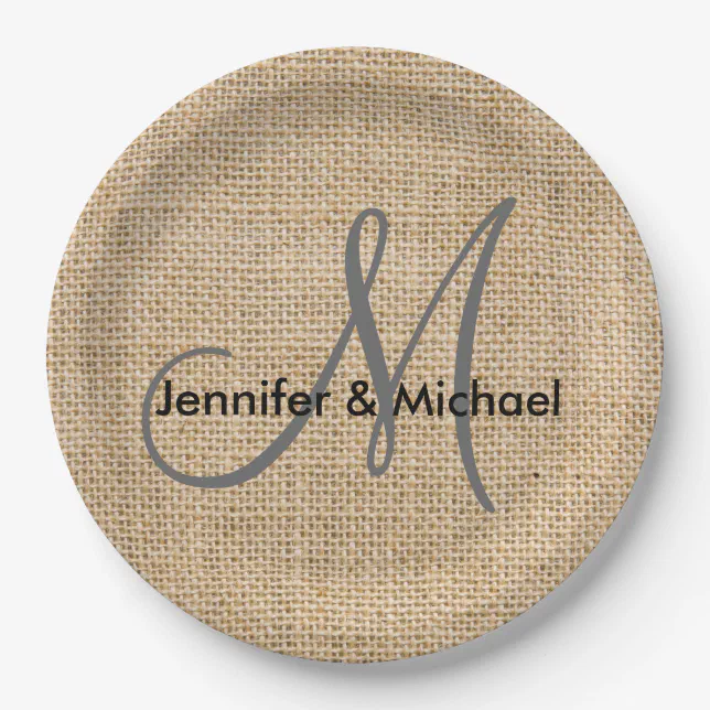 Rustic Burlap Monogram Wedding Bride Groom Names Paper Plates | Zazzle
