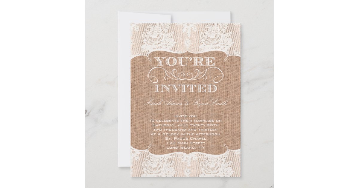Rustic Burlap Print & Lace Wedding Invitation | Zazzle