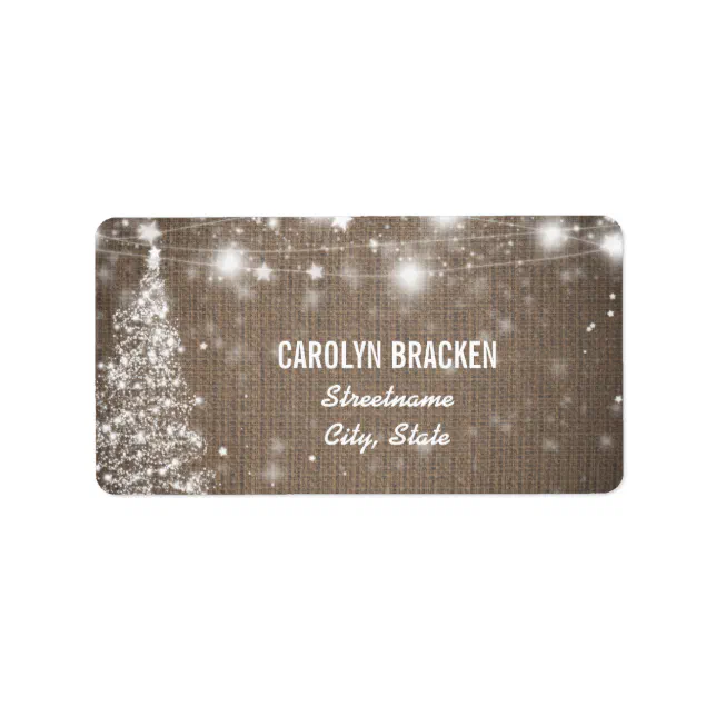 Rustic Burlap Shimmering Stars Christmas Tree Label | Zazzle