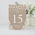Rustic Burlap String Lights Lace Table Number | Zazzle