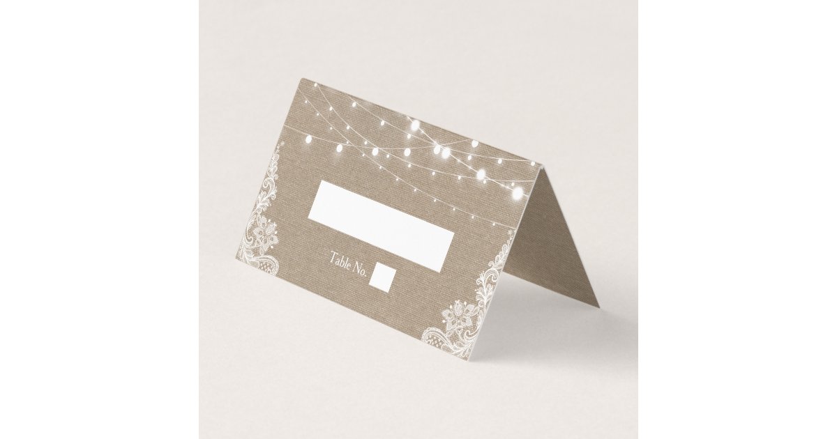 Rustic Burlap String Lights Lace Wedding Place Card | Zazzle.com