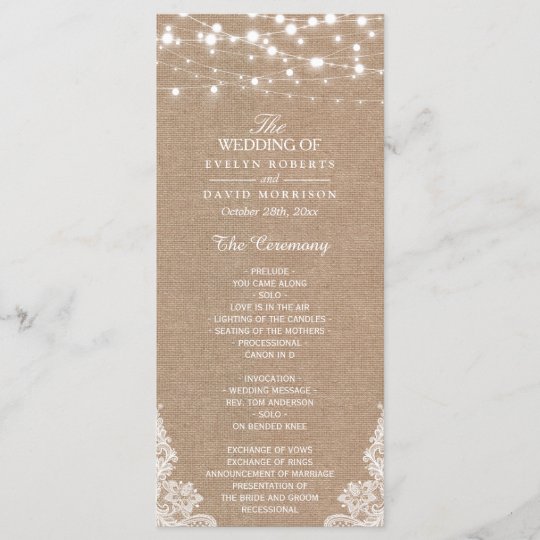 Rustic Burlap String Lights Lace Wedding Program | Zazzle.com