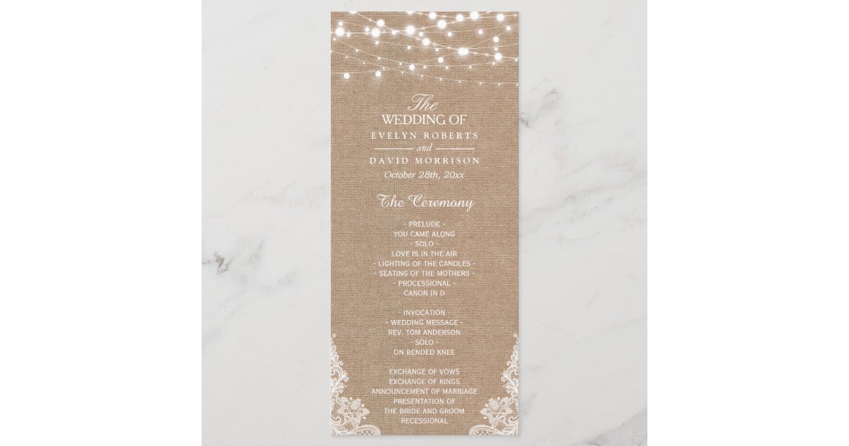Rustic Burlap String Lights Lace Wedding Program | Zazzle