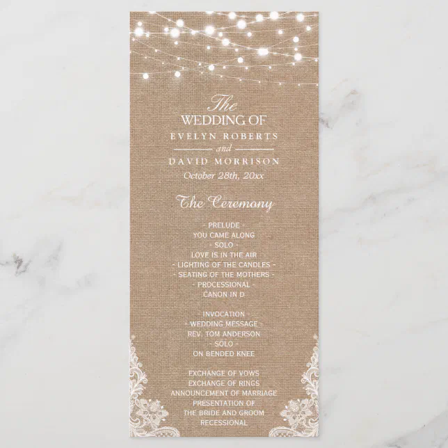 Rustic Burlap String Lights Lace Wedding Program | Zazzle