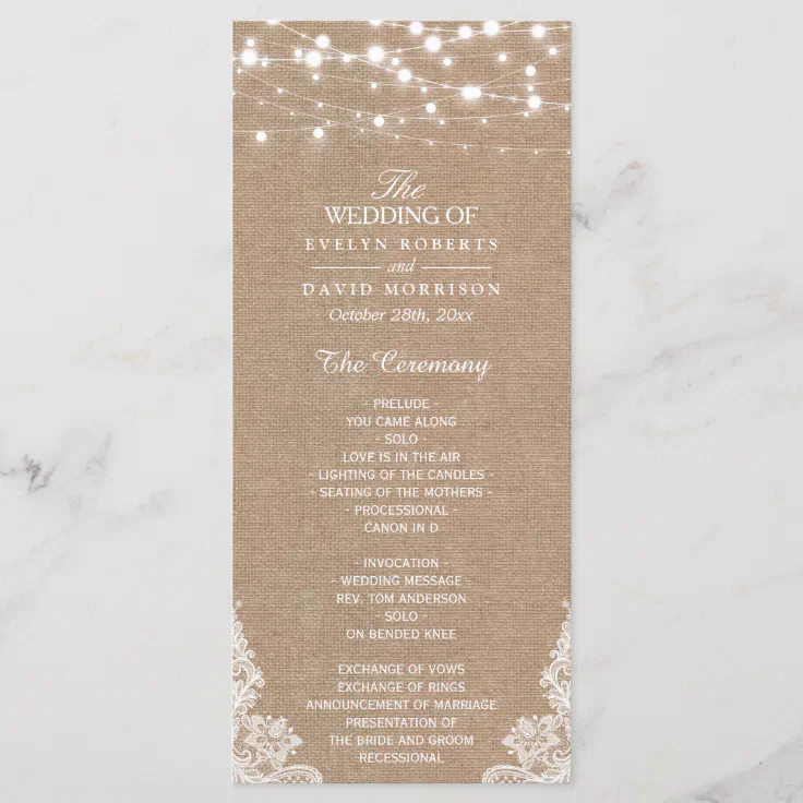 Rustic Burlap String Lights Lace Wedding Program | Zazzle